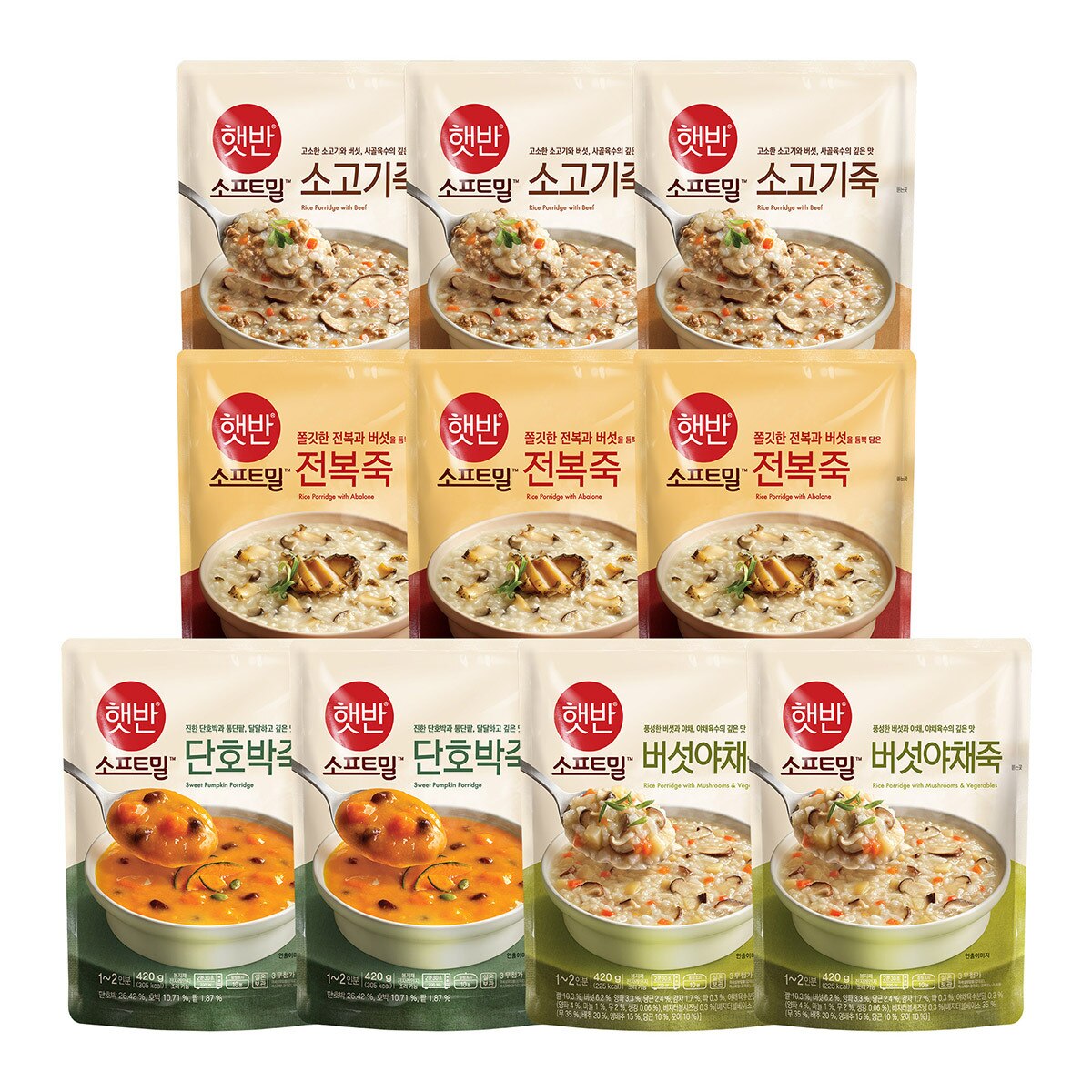 햇반 즉석죽 420g x 10 - 소고기 x 3, 전복 x 3, 버섯야채 x 2, 단호박 x 2 | 코...